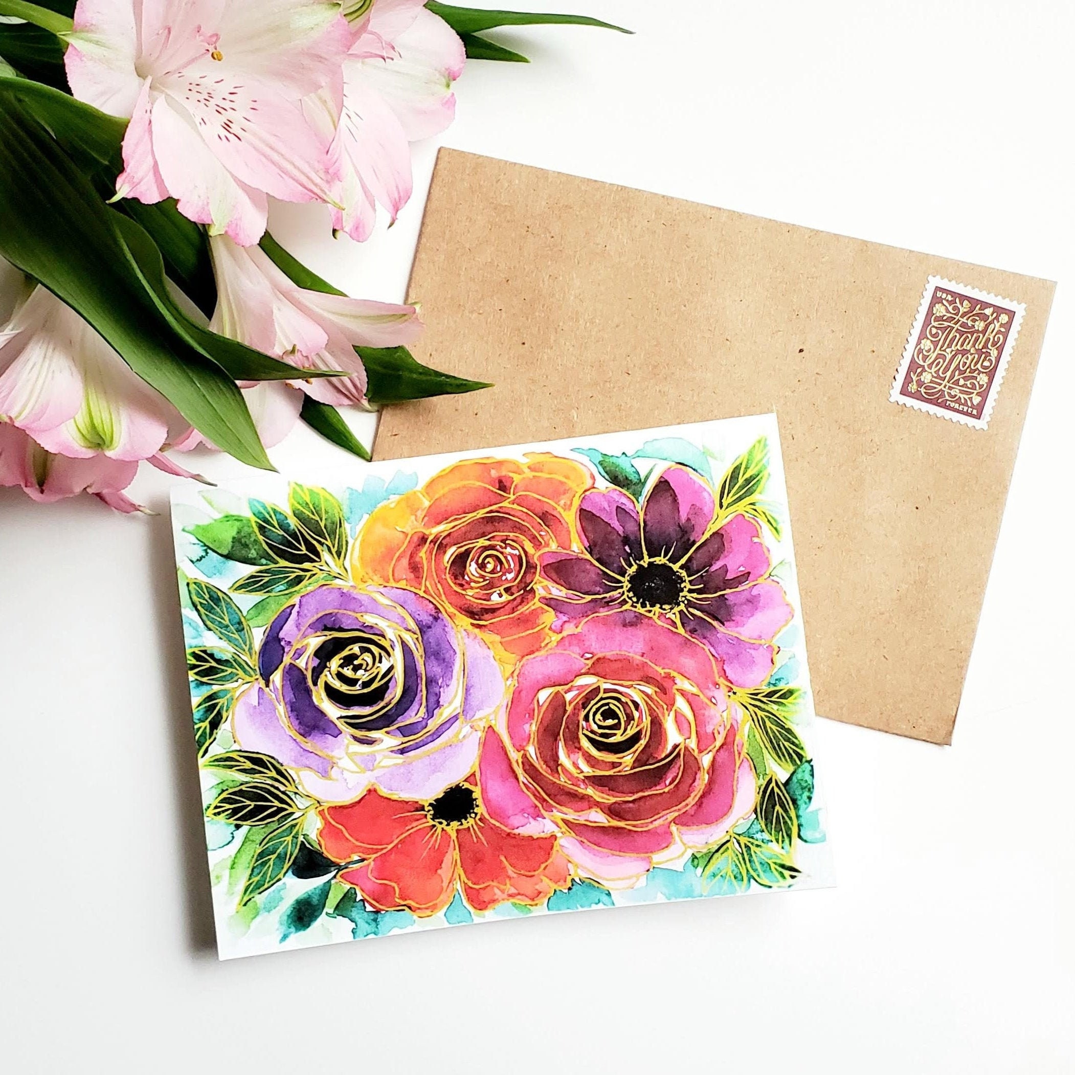 Jewel Tone Floral Greeting Card Single or Set Watercolor & | Etsy