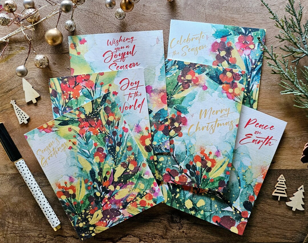 Set of 6 Holiday Cards, Abstract Watercolor Christmas Leaves & Berries ...