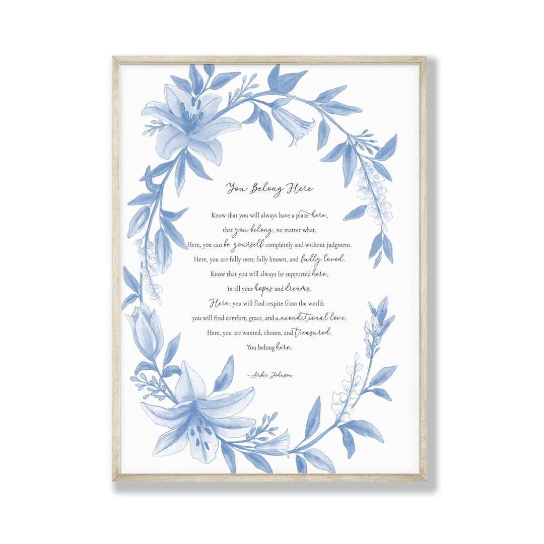 You Belong Here Poem Art Print, Blue Lily Wreath, Family Wall Art ...