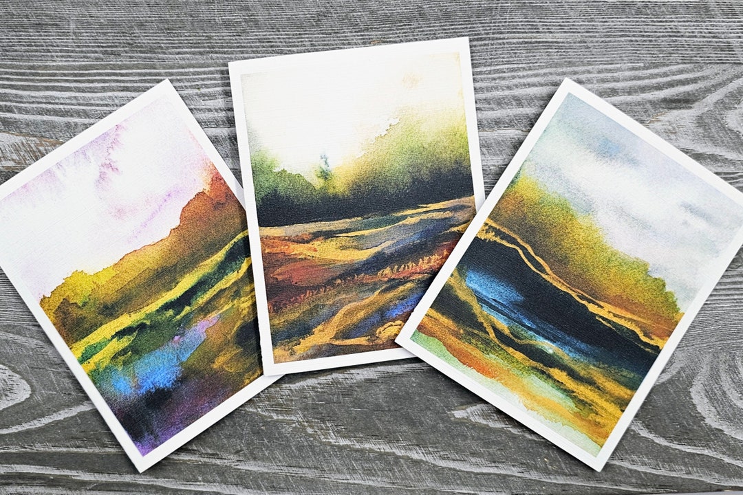 Abstract Watercolor & Ink Landscape Card Set, Rich Vibrant Color, All ...