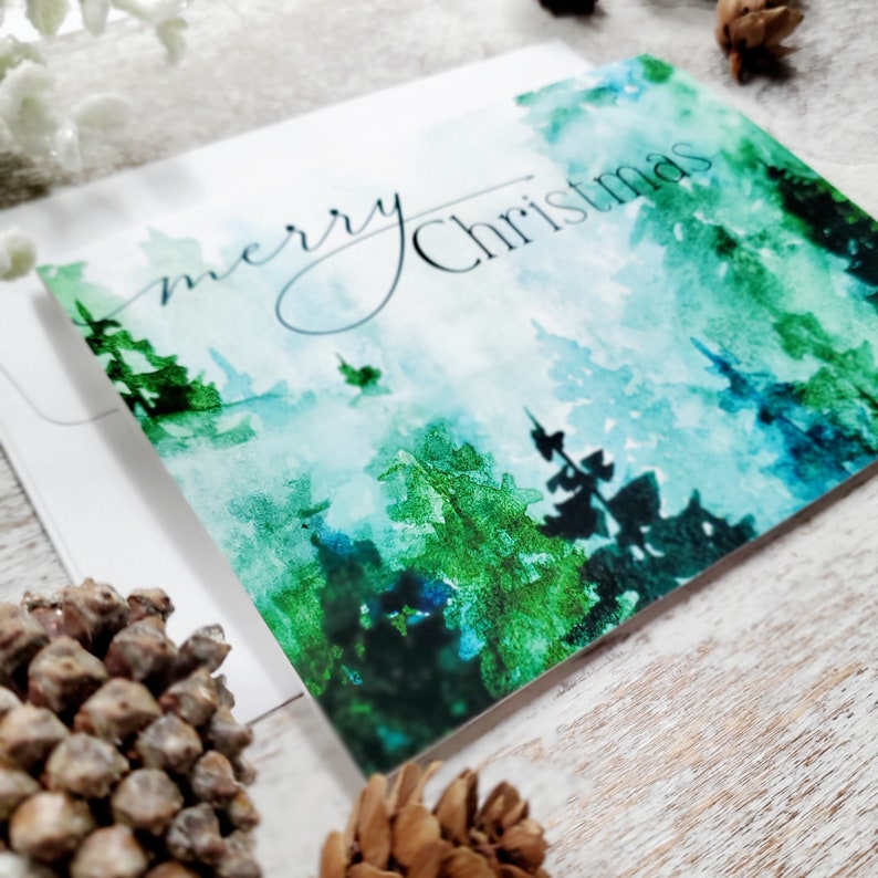 Misty Pines Christmas Cards, Watercolor Evergreen Forest, Merry ...