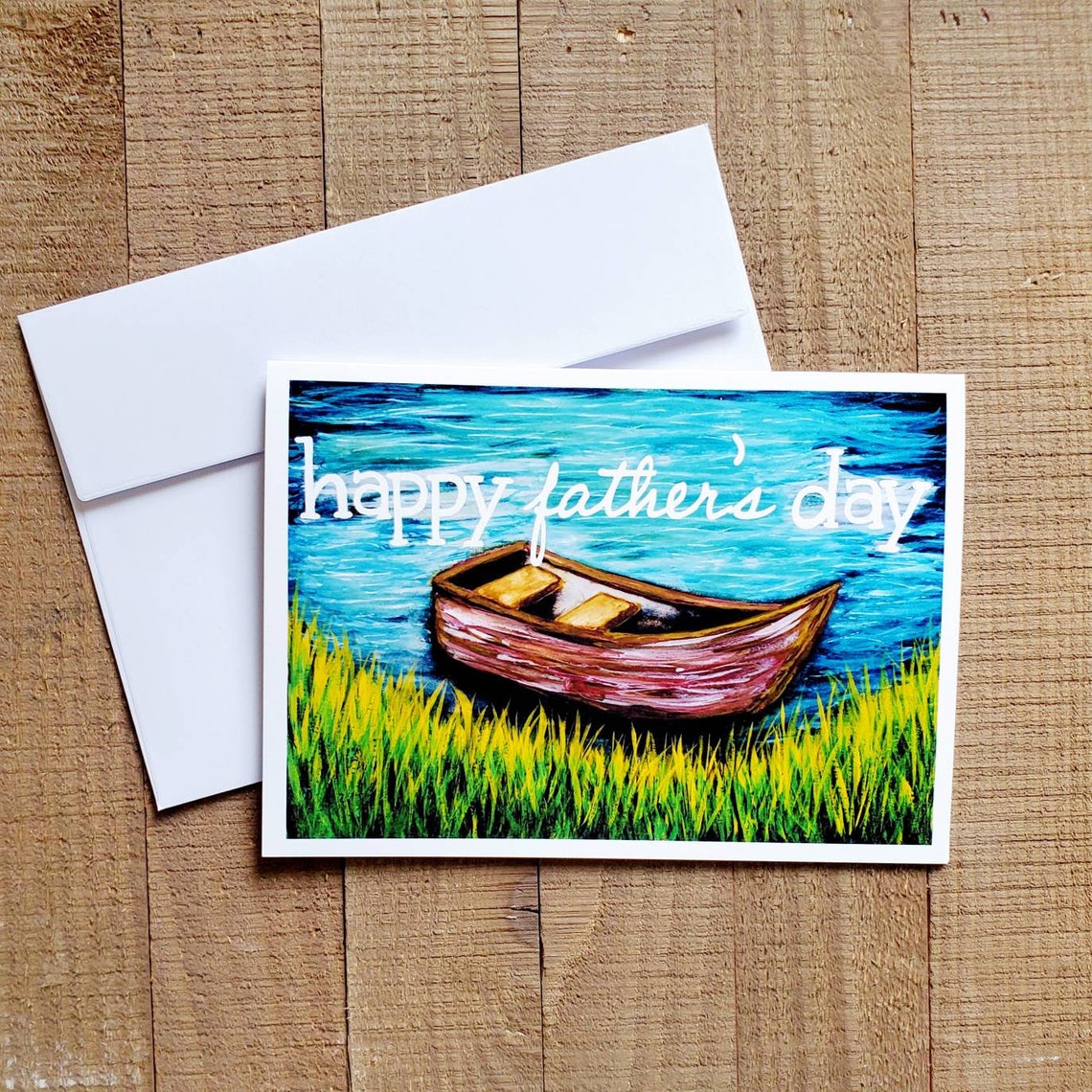Father’s Day Fishing Boat Card, 5"x7", Watercolor & Gouache, Wooden ...