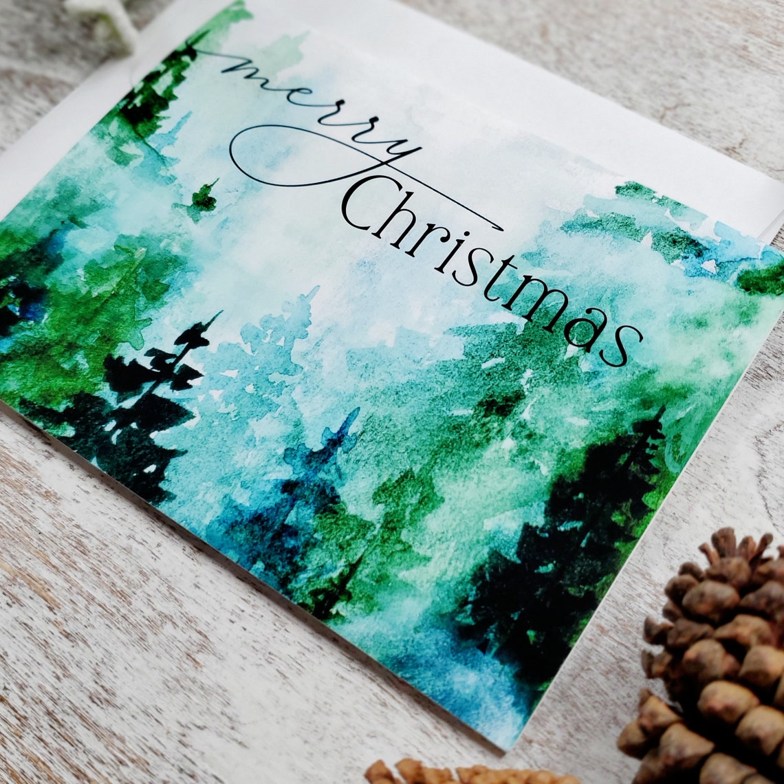 Misty Pines Christmas Cards, Watercolor Evergreen Forest, Merry ...