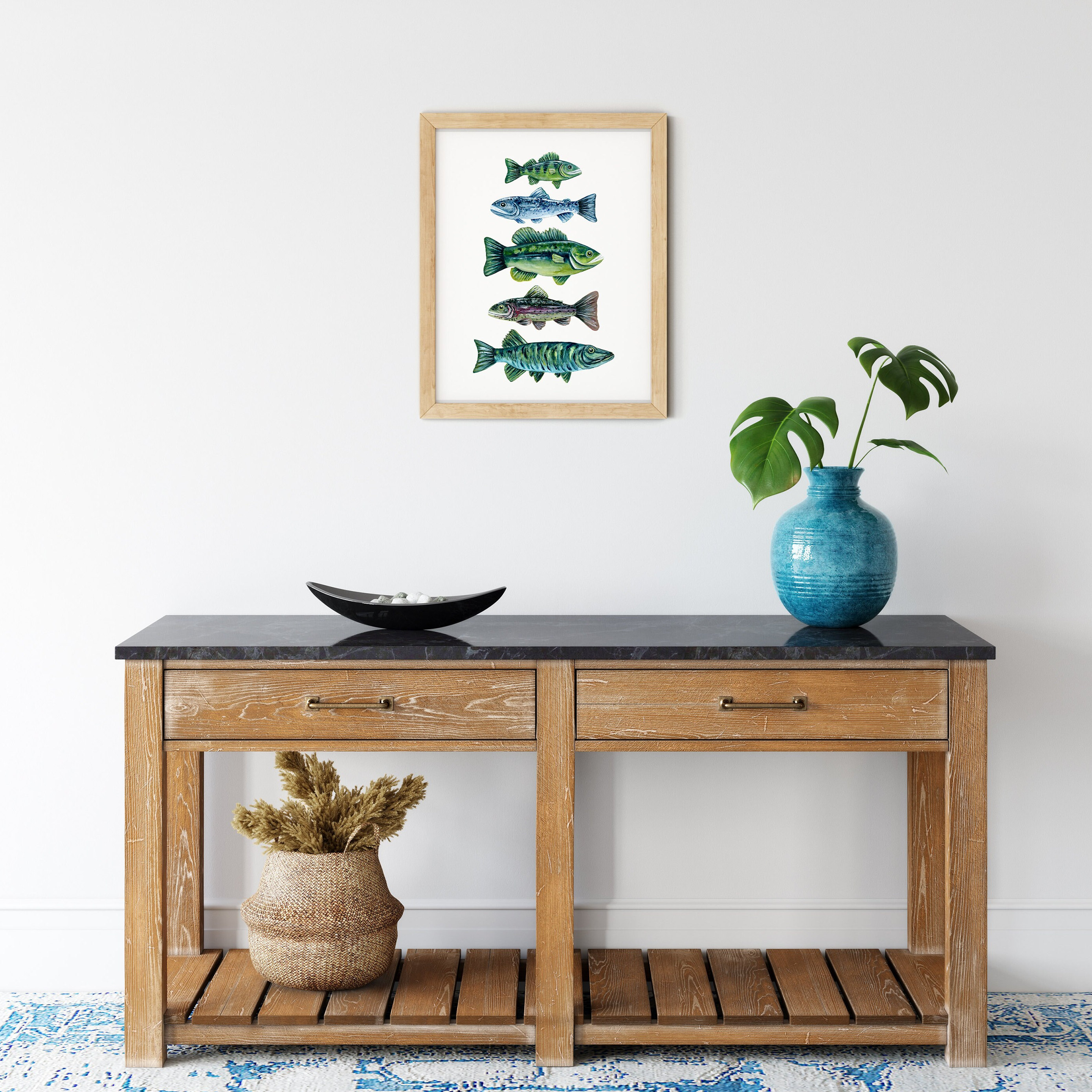 Watercolor River Fish Art Print Blue & Green Bass Trout - Etsy