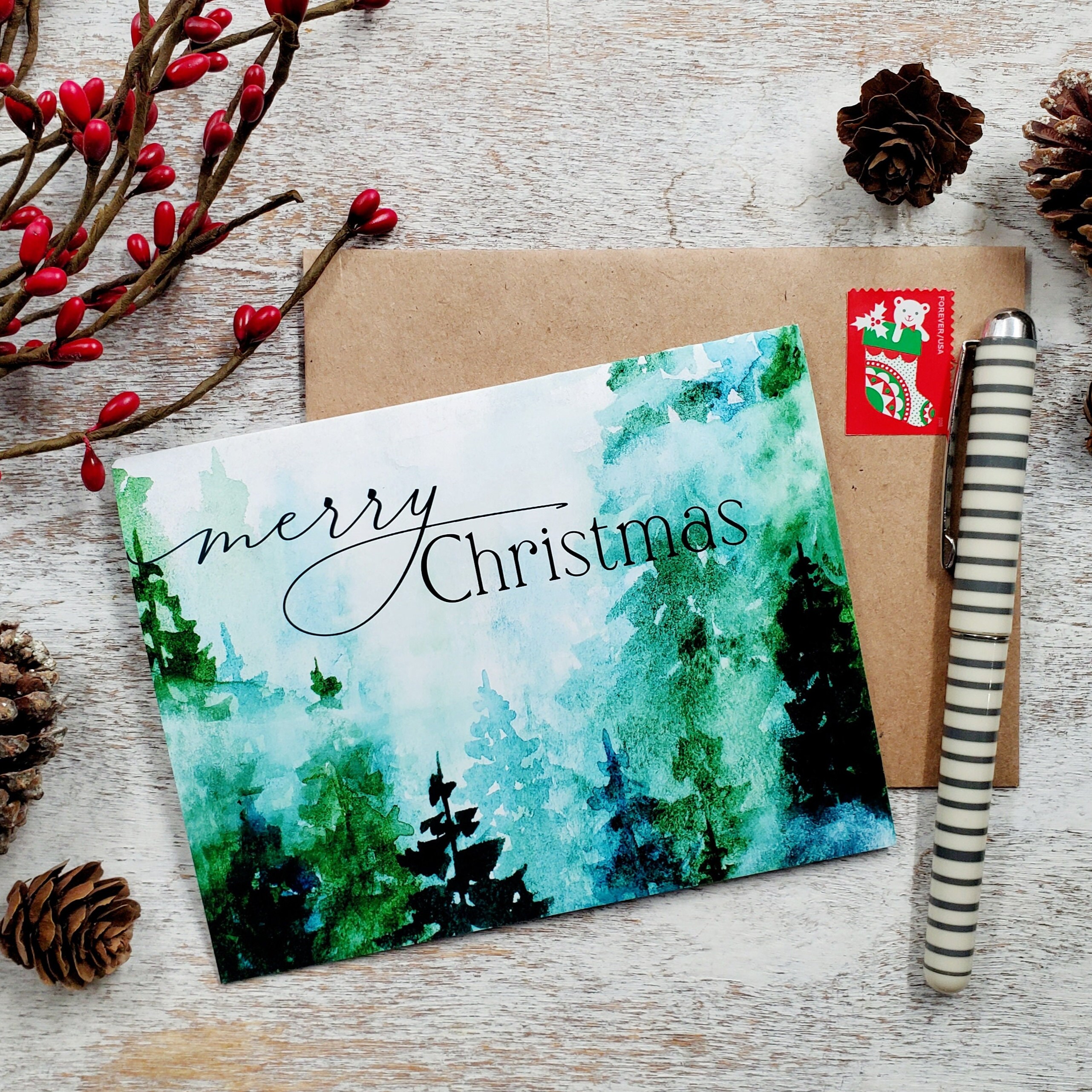 Misty Pines Christmas Cards, Watercolor Evergreen Forest, Merry ...