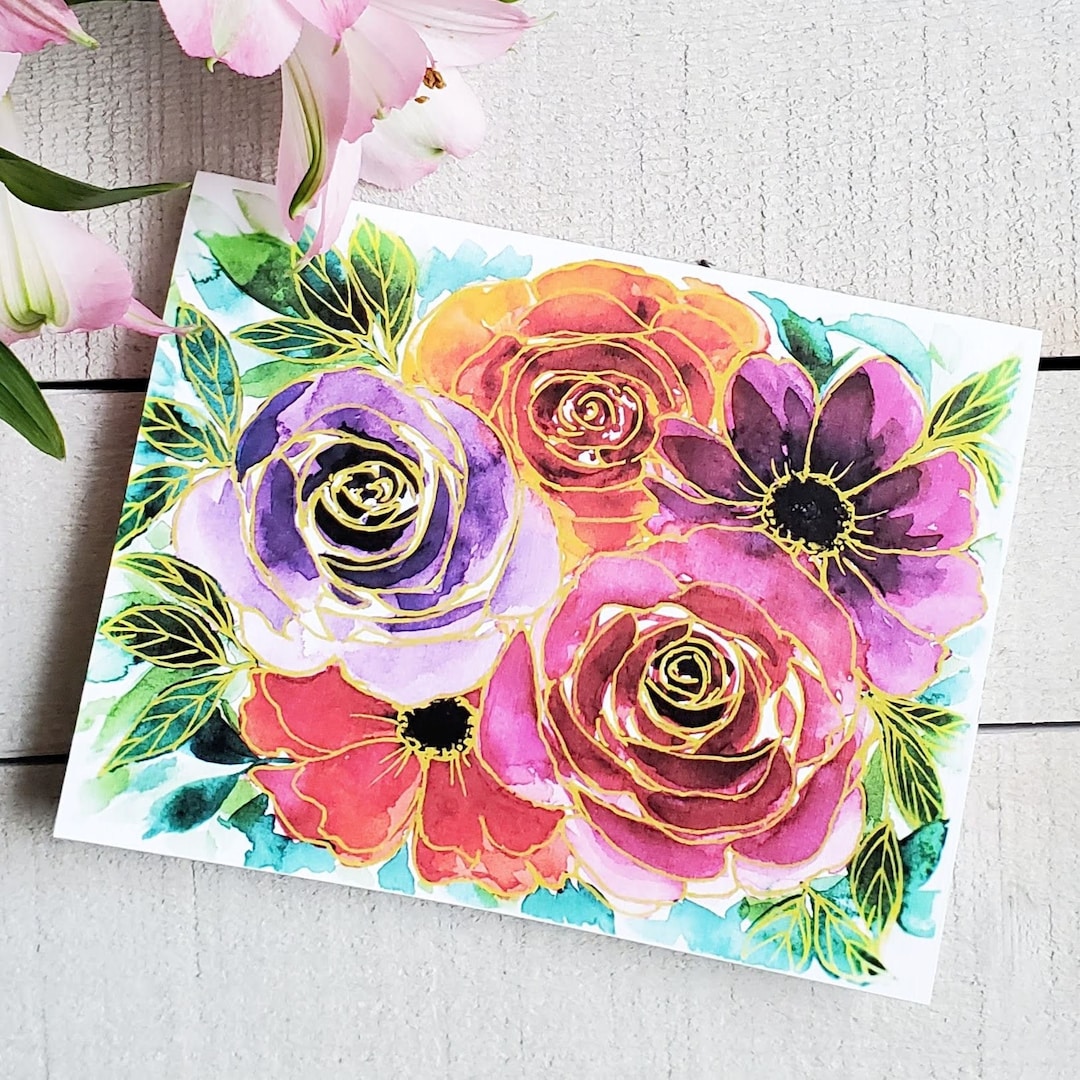 Jewel Tone Floral Greeting Card, Single or Set, Watercolor & Gold Ink ...