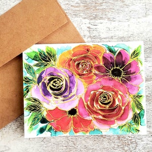 Jewel Tone Floral Greeting Card, Single or Set, Watercolor & Gold Ink ...