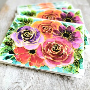 Jewel Tone Floral Greeting Card, Single or Set, Watercolor & Gold Ink ...