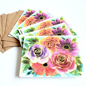 Jewel Tone Floral Greeting Card, Single or Set, Watercolor & Gold Ink ...