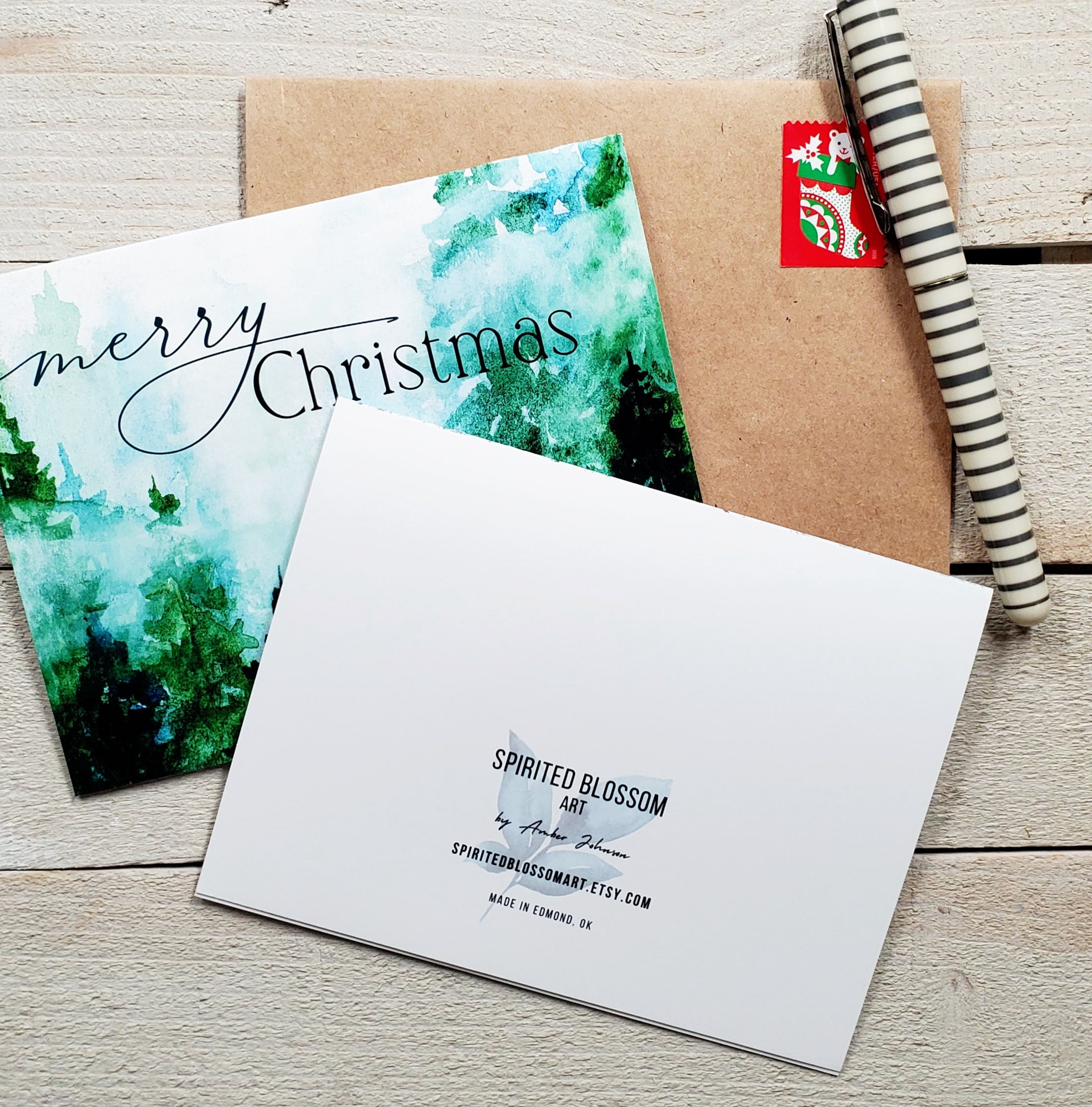 Misty Pines Christmas Cards, Watercolor Evergreen Forest, Merry ...