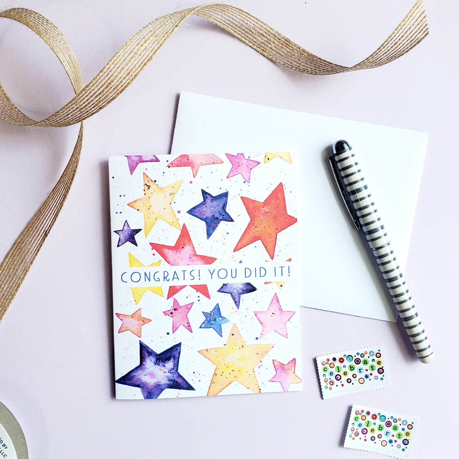 Colorful Stars Congratulations Card Watercolor Stars & Paint | Etsy
