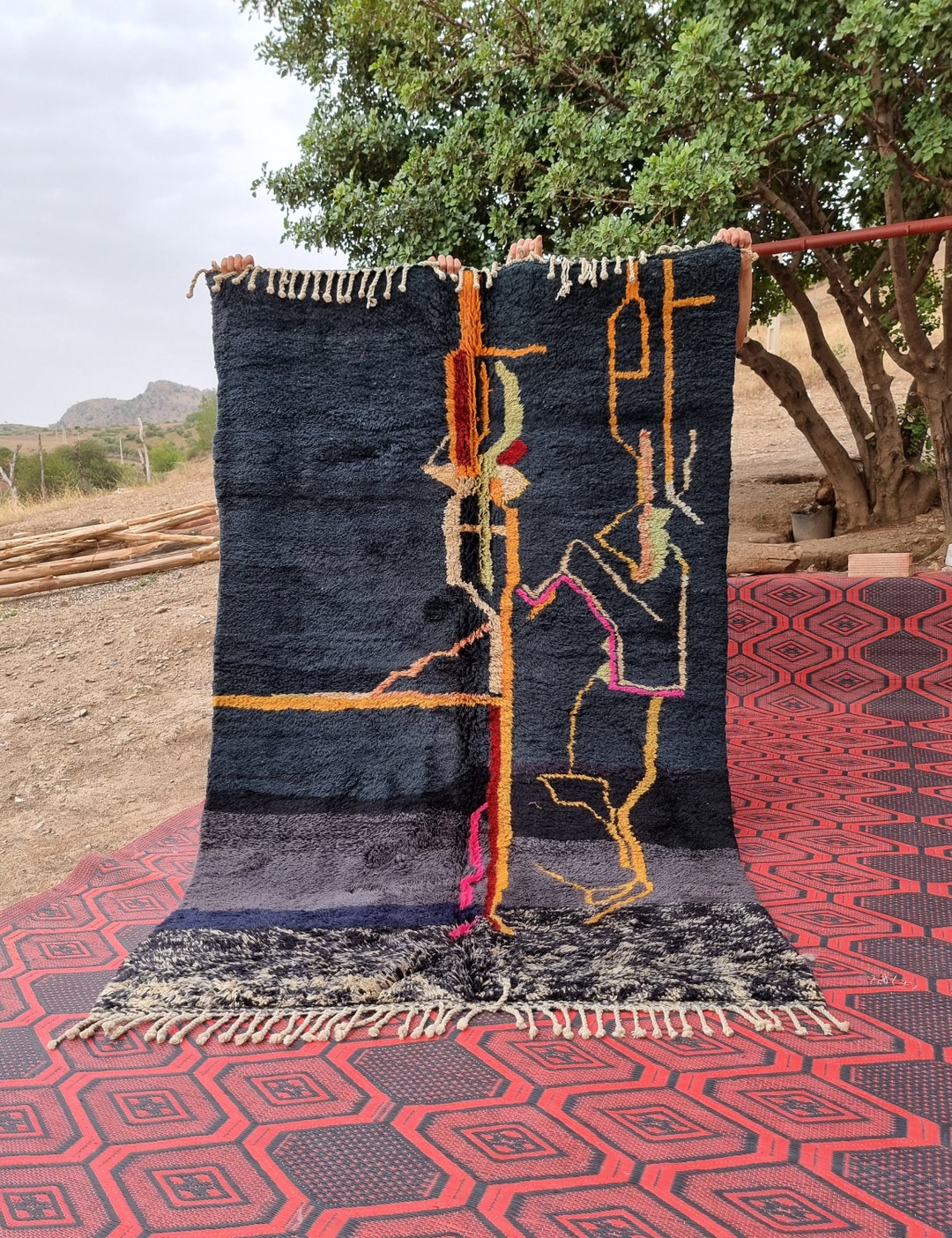 Moroccan Rug, Moroccan Rug Hand Knotted , Black Moroccan Rug , Morrocan ...