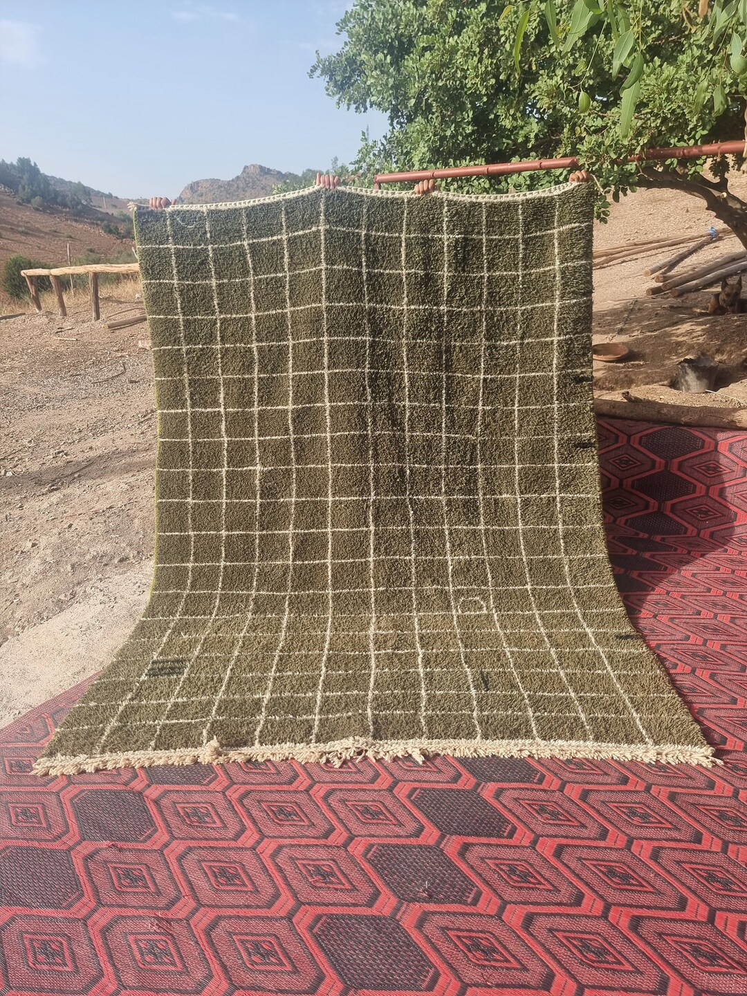 Moroccan Rug Grid, Beni Mrirt Rug, Beni Ourain Green Rug, Green and ...