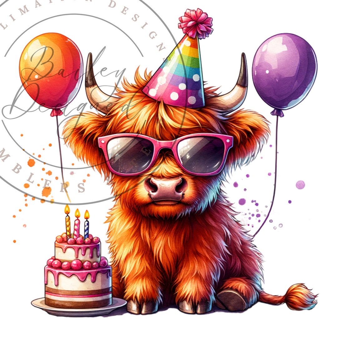 Funny Highland Cow Birthday Clipart Shirt Sublimation Design Digital ...