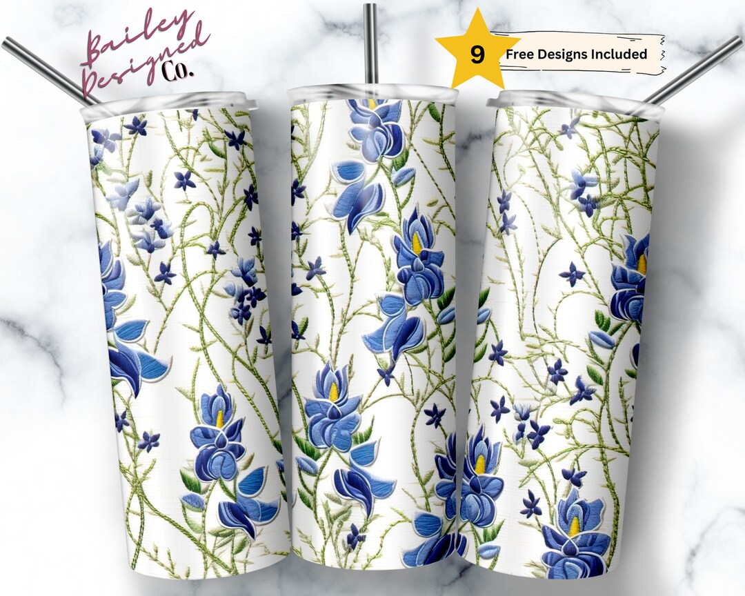 Embroidered Bluebonnet 20 Oz Skinny Tumbler Sublimation Design Digital ...