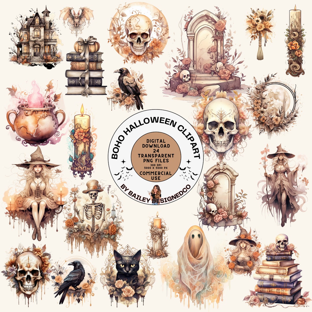 Boho Floral Clipart PNG Set, 18 Halloween Clipart, Commercial Use Clip ...