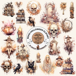 Boho Floral Clipart PNG Set, 18 Halloween Clipart, Commercial Use Clip ...