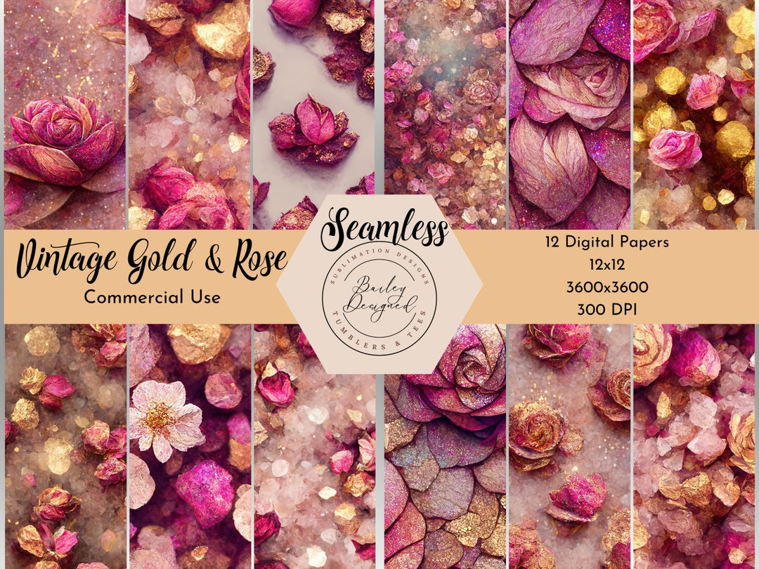 Vintage Gold Foil & Rose Glitter Digital Paper, Seamless Gold Foil ...