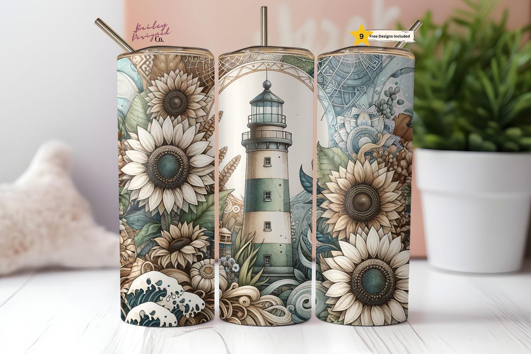 Coastal Beach Sunflower Lighthouse 20 Oz Skinny Tumbler Sublimation ...