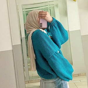 Cute Sheep Cardigan Sweater, Chunky Knit Cardi Cropped, Turquoise Blue ...