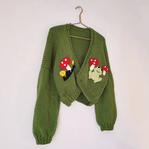 Frog Chunky Knit Cardigan - Cropped Cardi , Oversized Mushroom Cardigan ...
