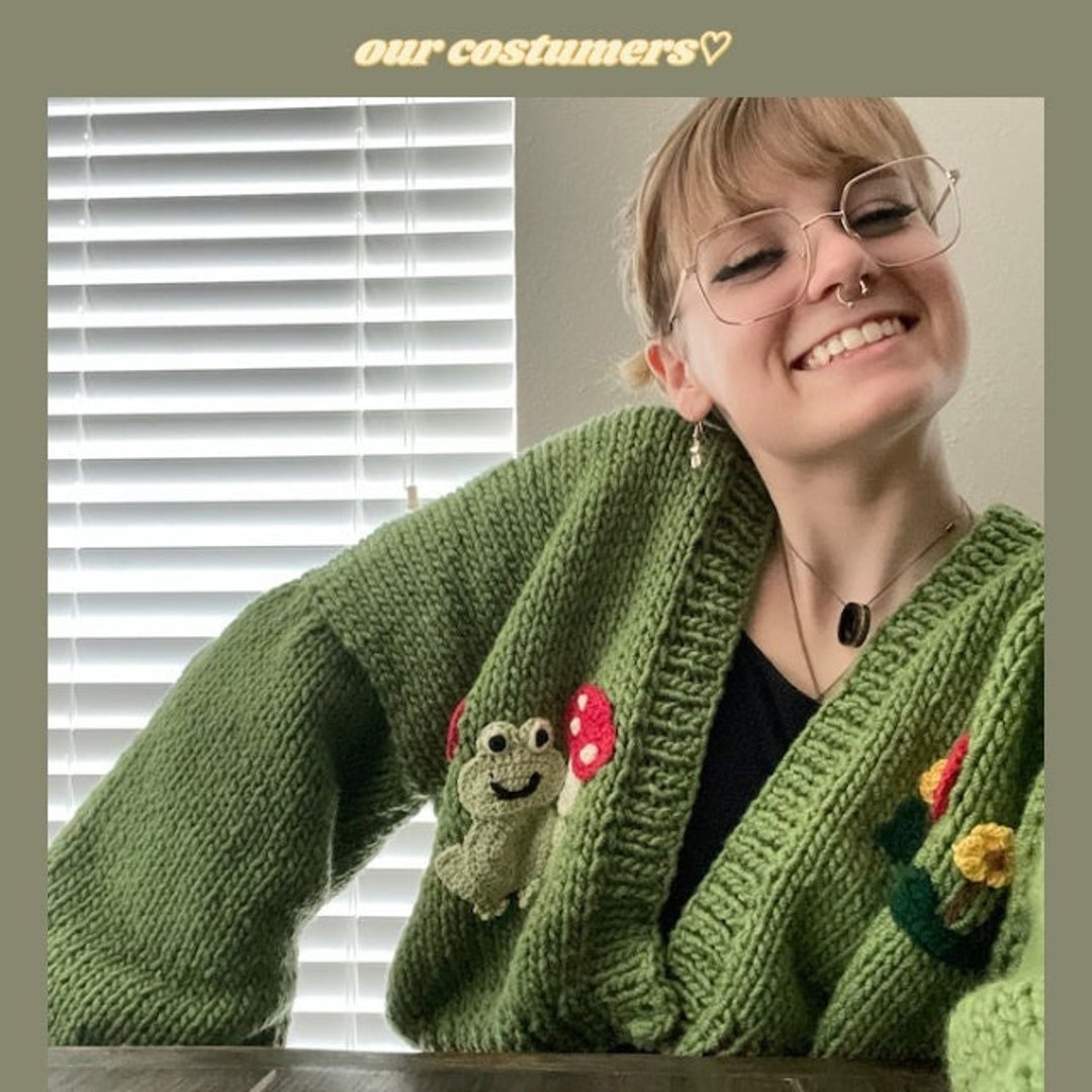 Chunky Knit Frog Cardigan, Mushroom Cropped Cardi , Oversized Crochet ...