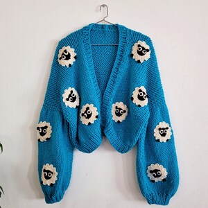 Cute Sheep Cardigan Sweater, Chunky Knit Cardi Cropped, Turquoise Blue ...