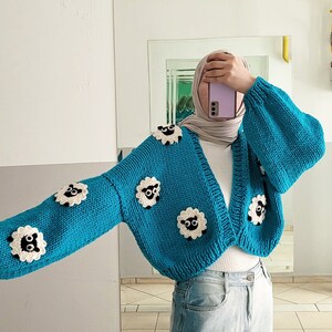 Cute Sheep Cardigan Sweater, Chunky Knit Cardi Cropped, Turquoise Blue ...