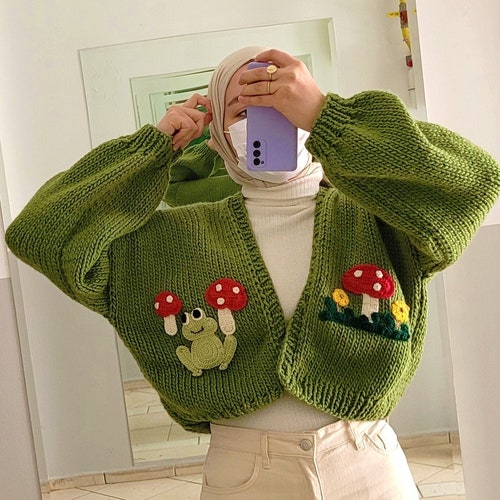 Chunky Knit Mushroom Cardigan Frog Cardigan Cropped Froggy - Etsy