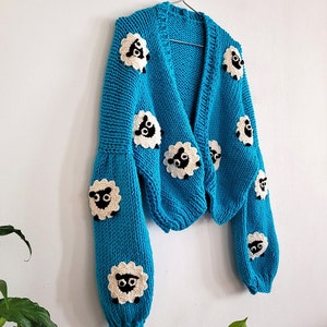 Cute Sheep Cardigan Sweater, Chunky Knit Cardi Cropped, Turquoise Blue ...