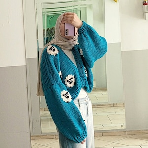 Cute Sheep Cardigan Sweater, Chunky Knit Cardi Cropped, Turquoise Blue ...