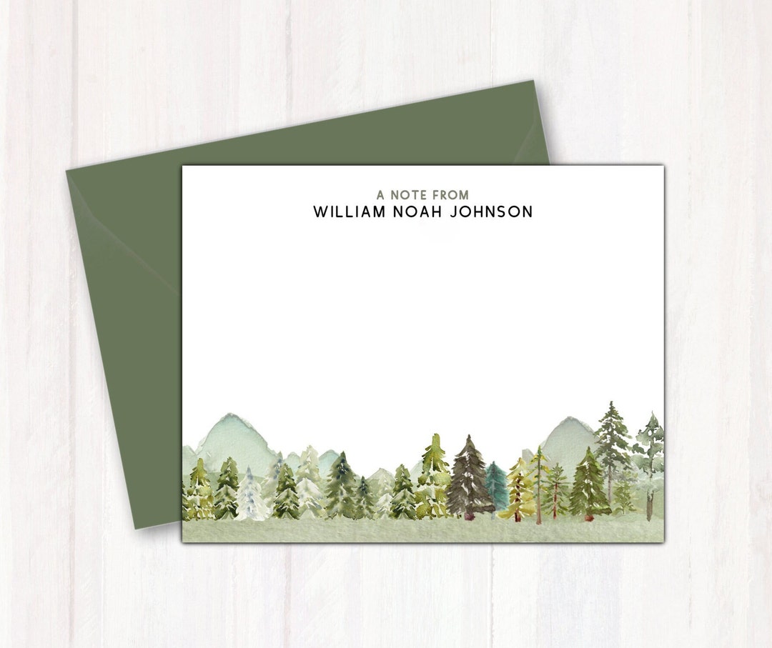 Personalized Pine Trees Forest Note Cards With Envelopes - Watercolor ...