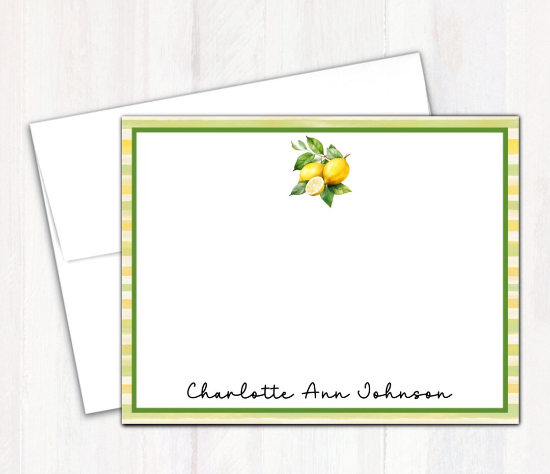 Lemon Note Card Stationary - Personalized Citrus Lemon Yellow Green ...