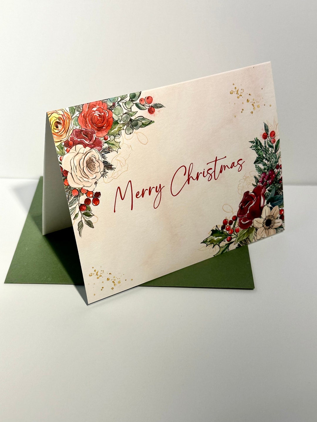 Merry Christmas Card Floral Christmas Card, Blank Inside A2 Size ...