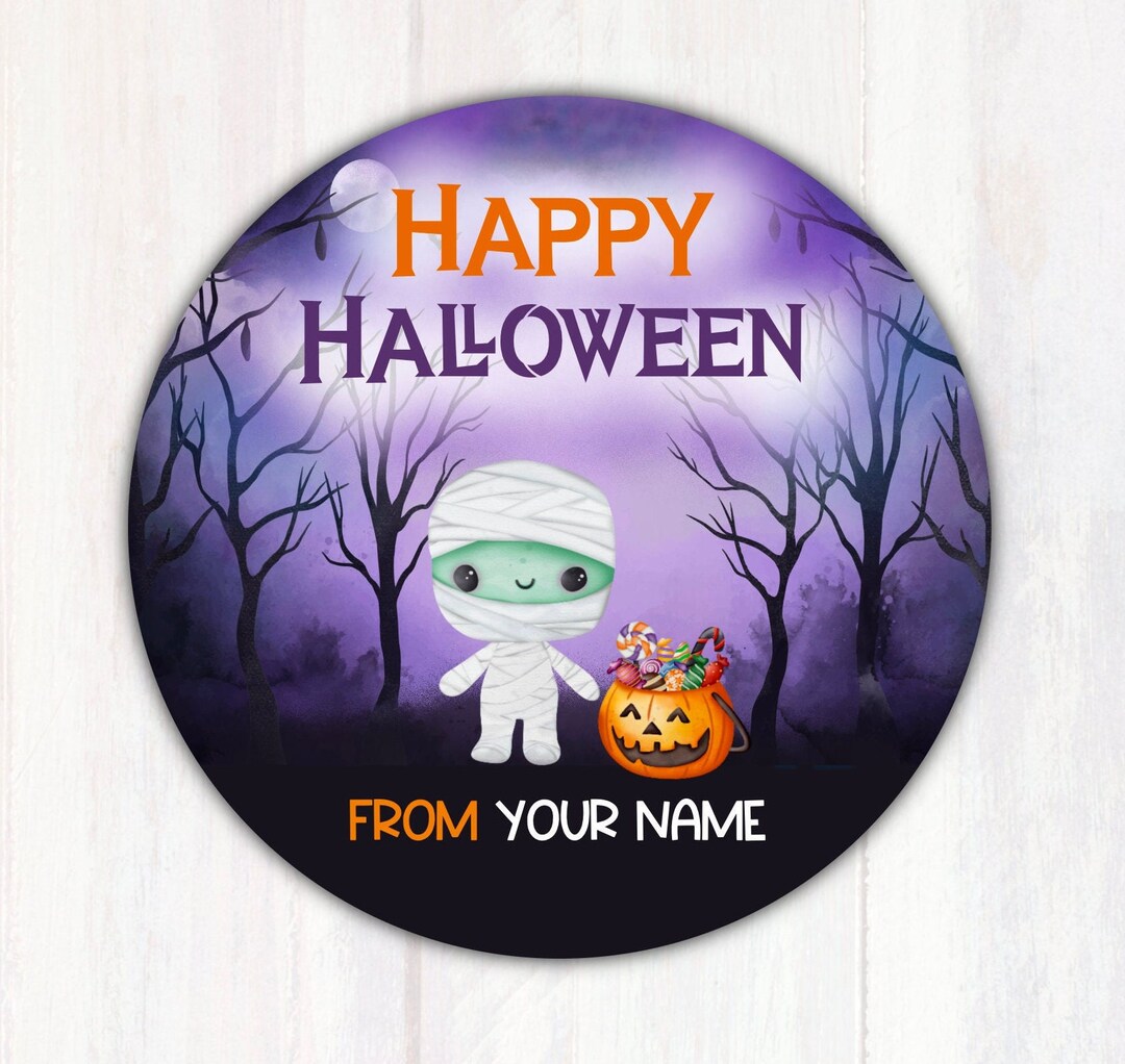 Halloween Mummy Treat Bag Labels - Happy Halloween Mummy With Candy ...