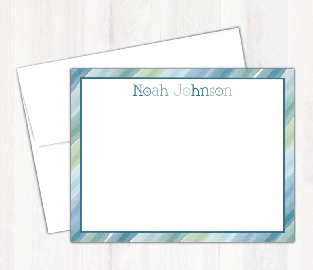 Kids Personalized Note Cards - Kids Stationery Set - Blue Flat Note ...