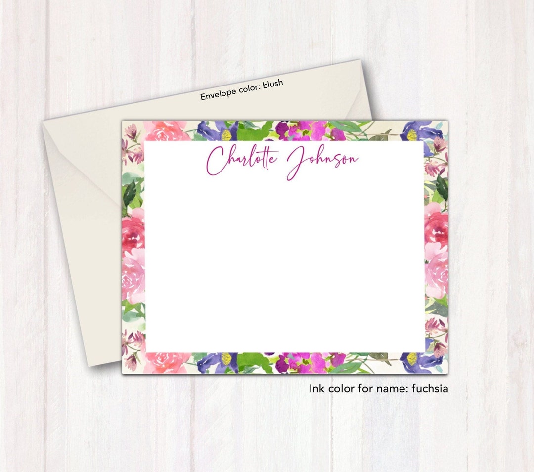 Personalized Cute Note Cards With Envelopes - Watercolor Floral ...