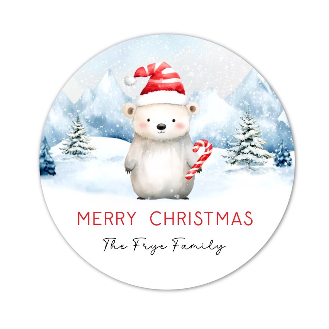 Christmas Gift Tag Sticker Label - Polar Bear With Candy Cane ...