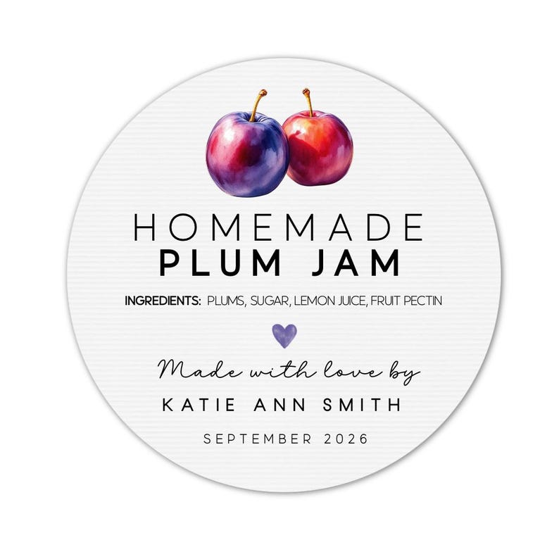 PRINTED: Homemade Plum Jam Jar Labels – 2" Round Canning Stickers ...