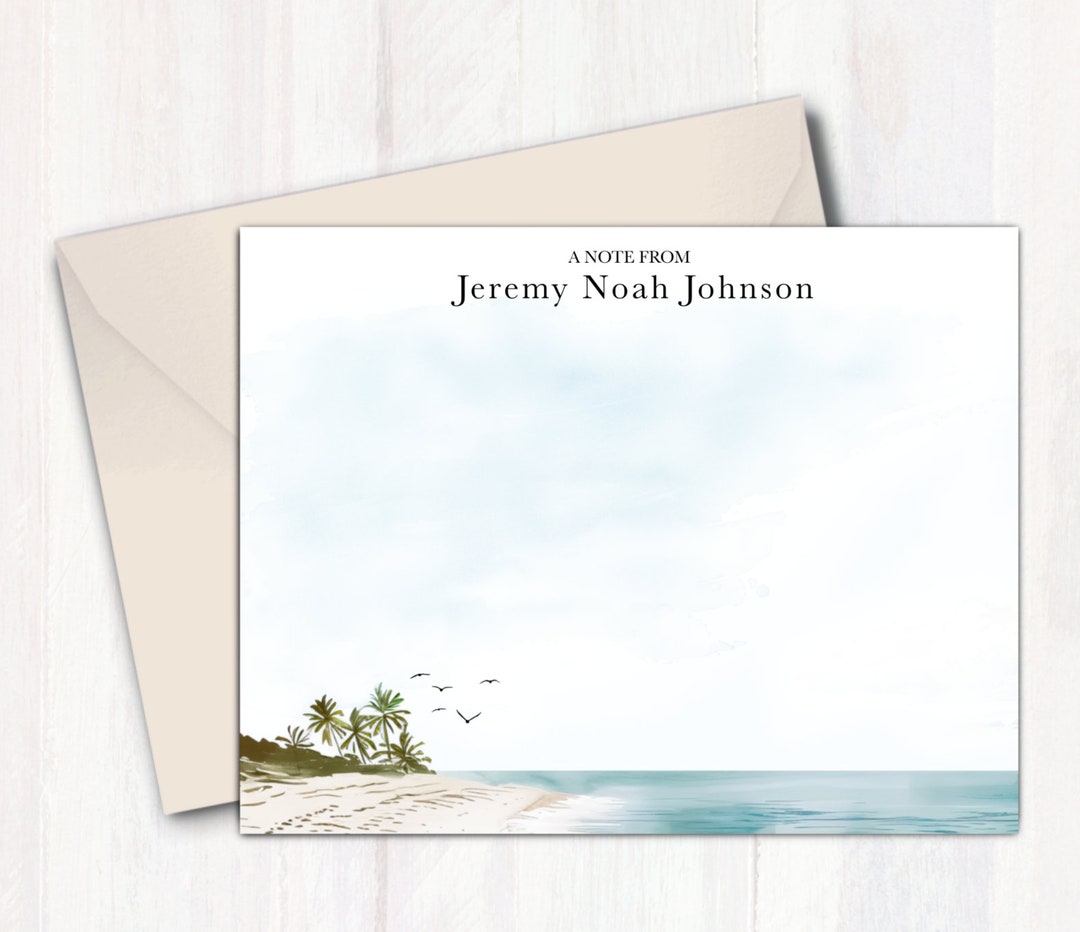 Personalized Stationary With Watercolor Ocean Beach Scene - Custom Note ...