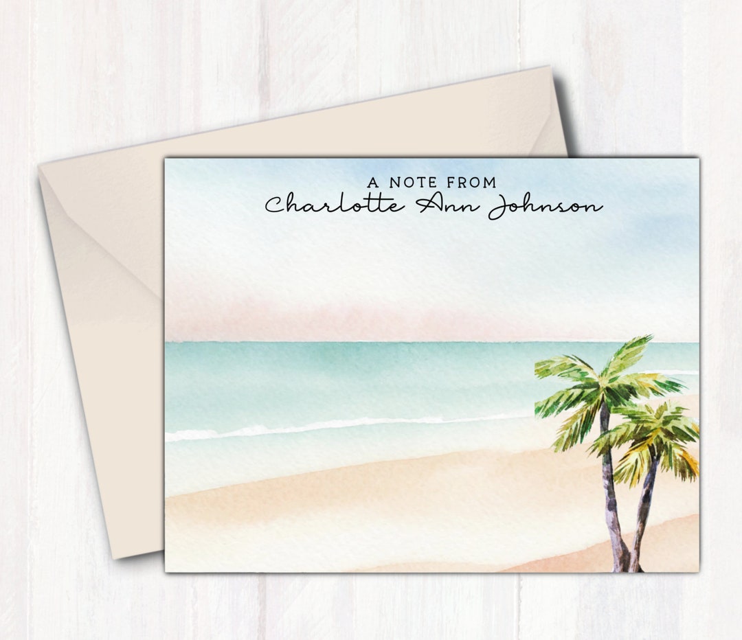 Personalized Stationary Beach Scene With Palm Trees Custom Note Cards With Envelope Stationery ...