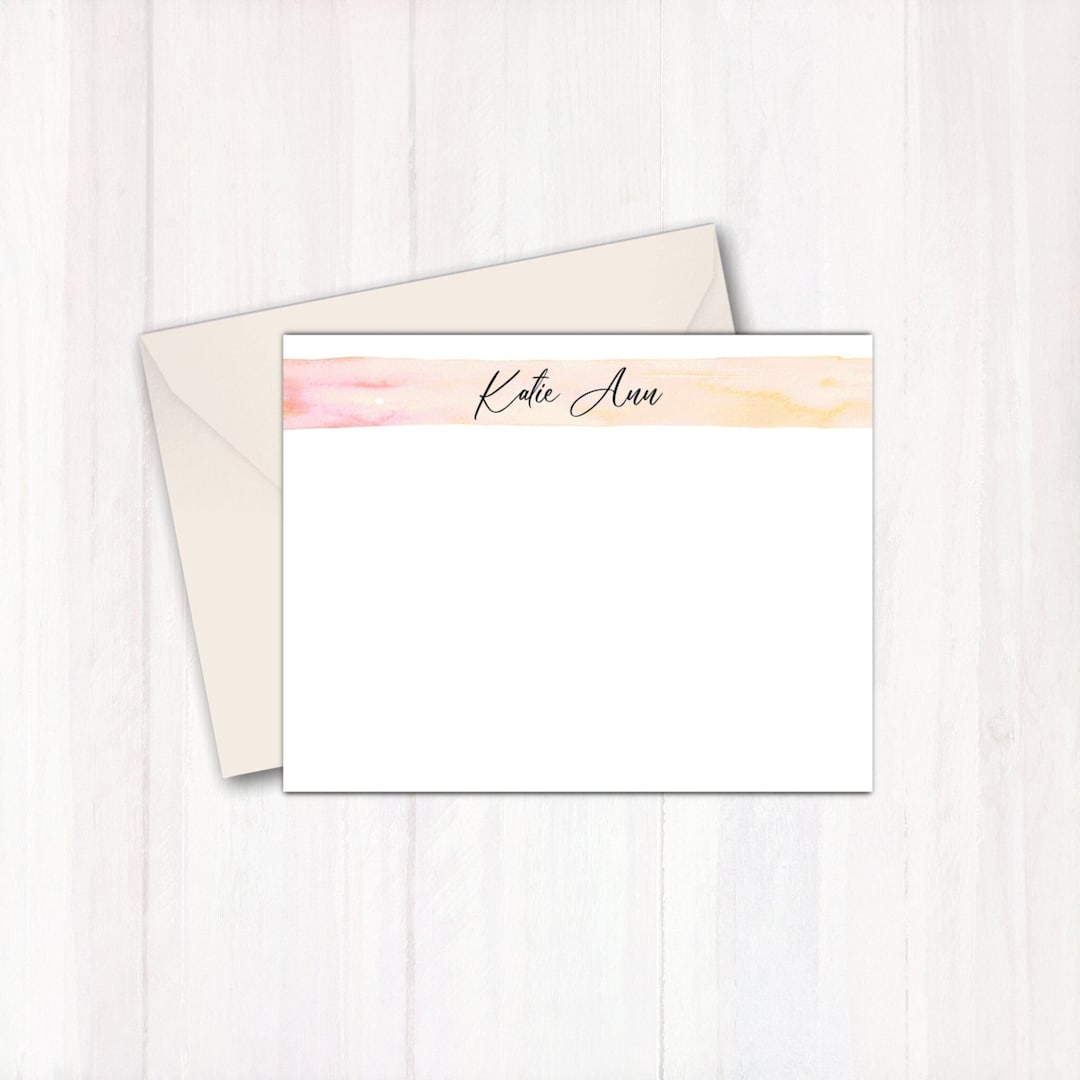 Personalized Cute Note Cards With Envelopes - Watercolor Brush Stroke ...