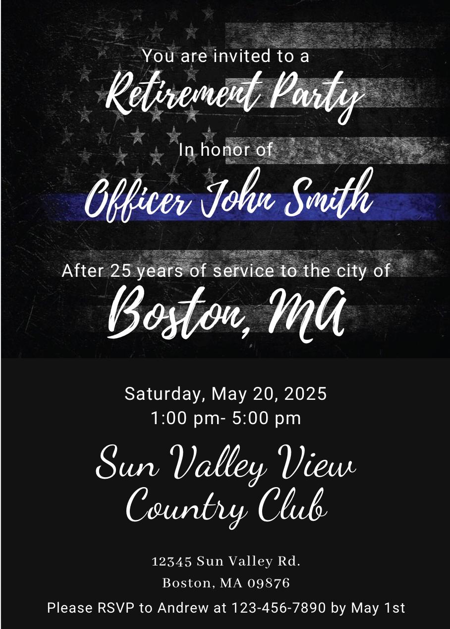 Police Retirement Party Invitation 5x7 – Thin Blue Line Editable ...