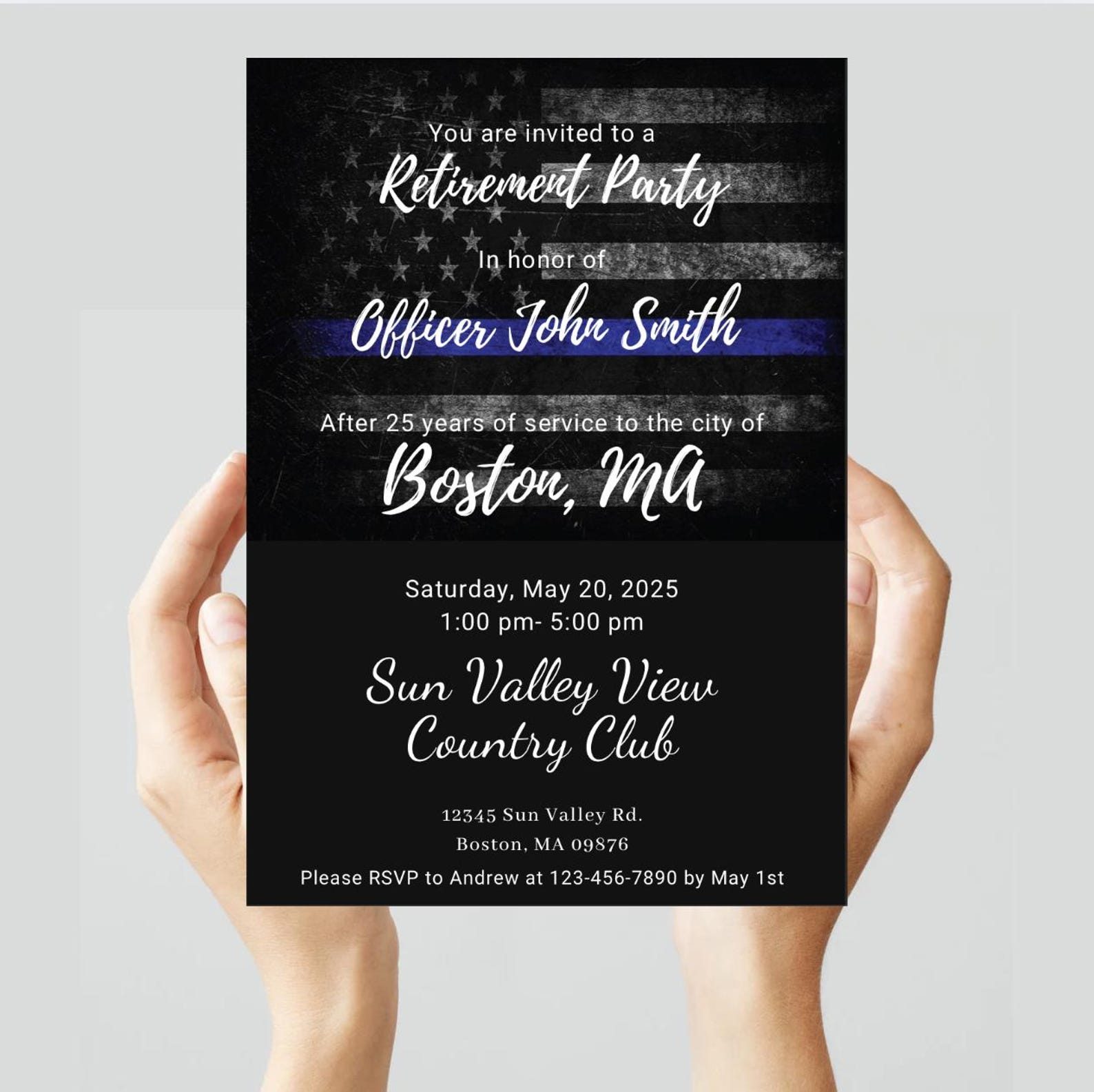 Police Retirement Party Invitation 5x7 – Thin Blue Line Editable ...