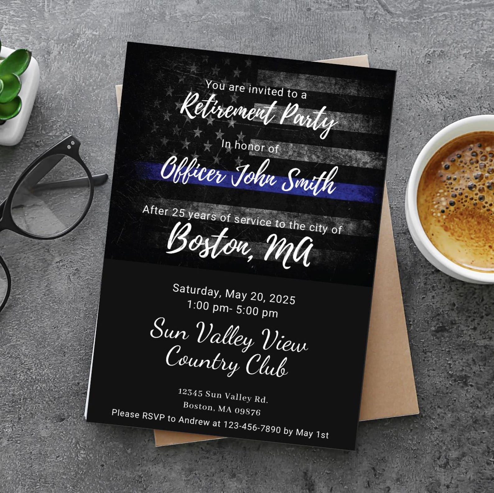 Police Retirement Party Invitation 5x7 – Thin Blue Line Editable ...
