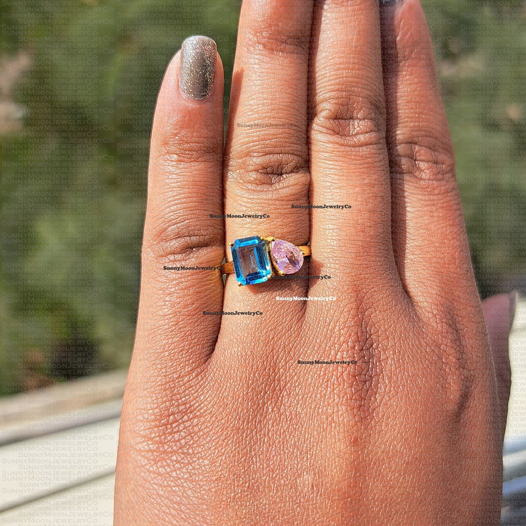 Toi Et Moi Ring With Octagon Cut London Blue Topaz and Pear Cut Pink ...