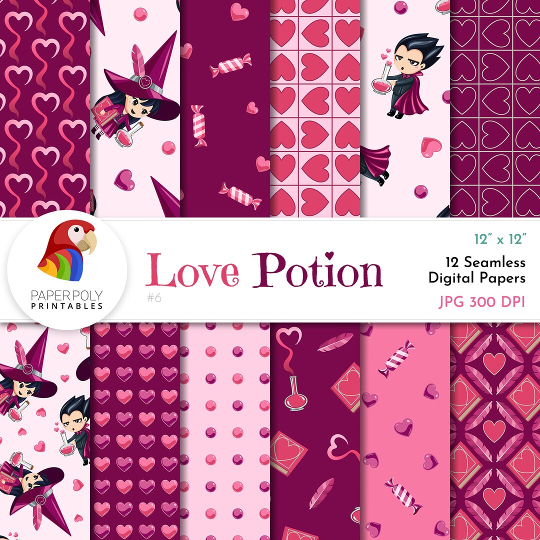 Love Potion Valentine Digital Paper: Seamless Pink & Purple Patterns ...