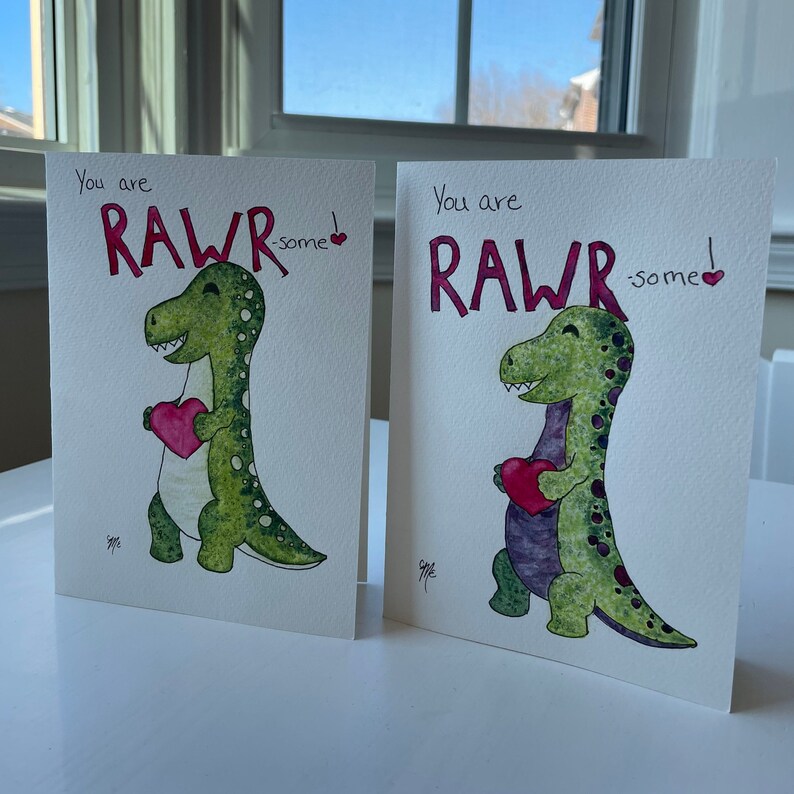 Hand Painted Dinosaur Valentine’s Day Card (originals) - Etsy