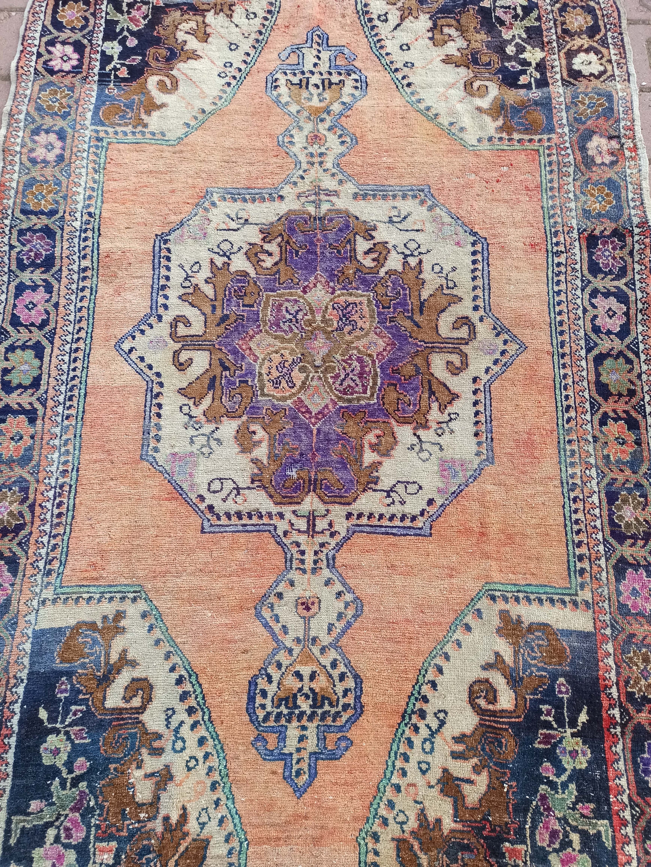 Salmon Area Rug 7.1x4.6ft Antique Rug Blue Accent Rug | Etsy