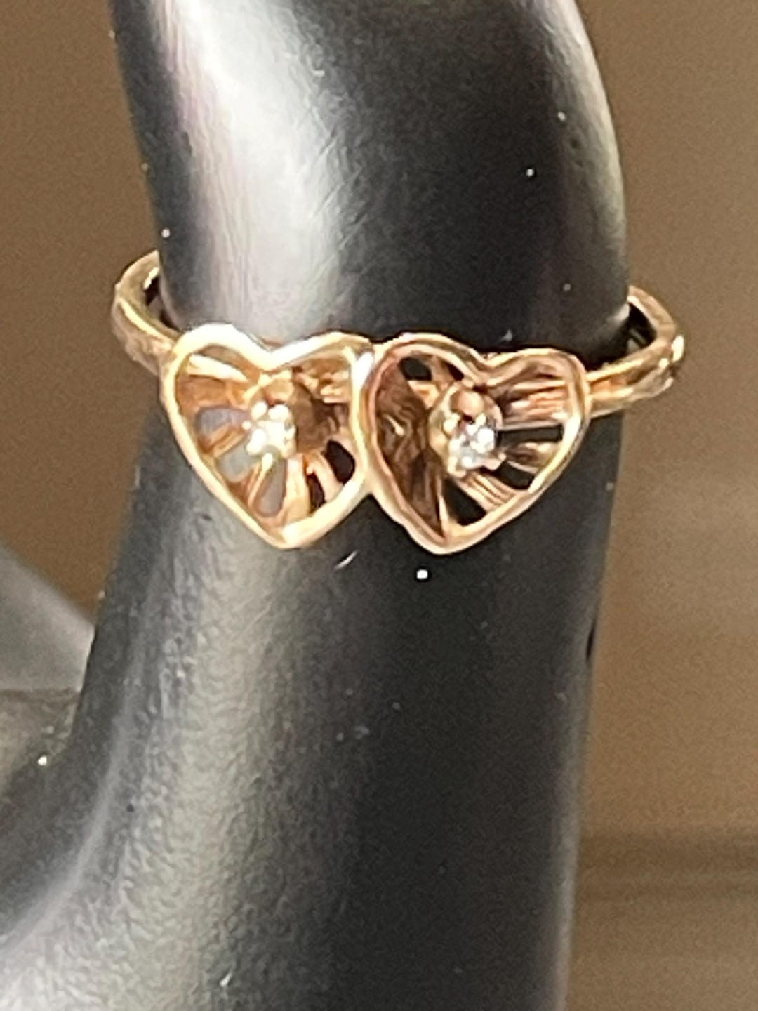 Vintage 10K Solid Gold.two Hearts Ring. Each Heart Has Small Diamond ...